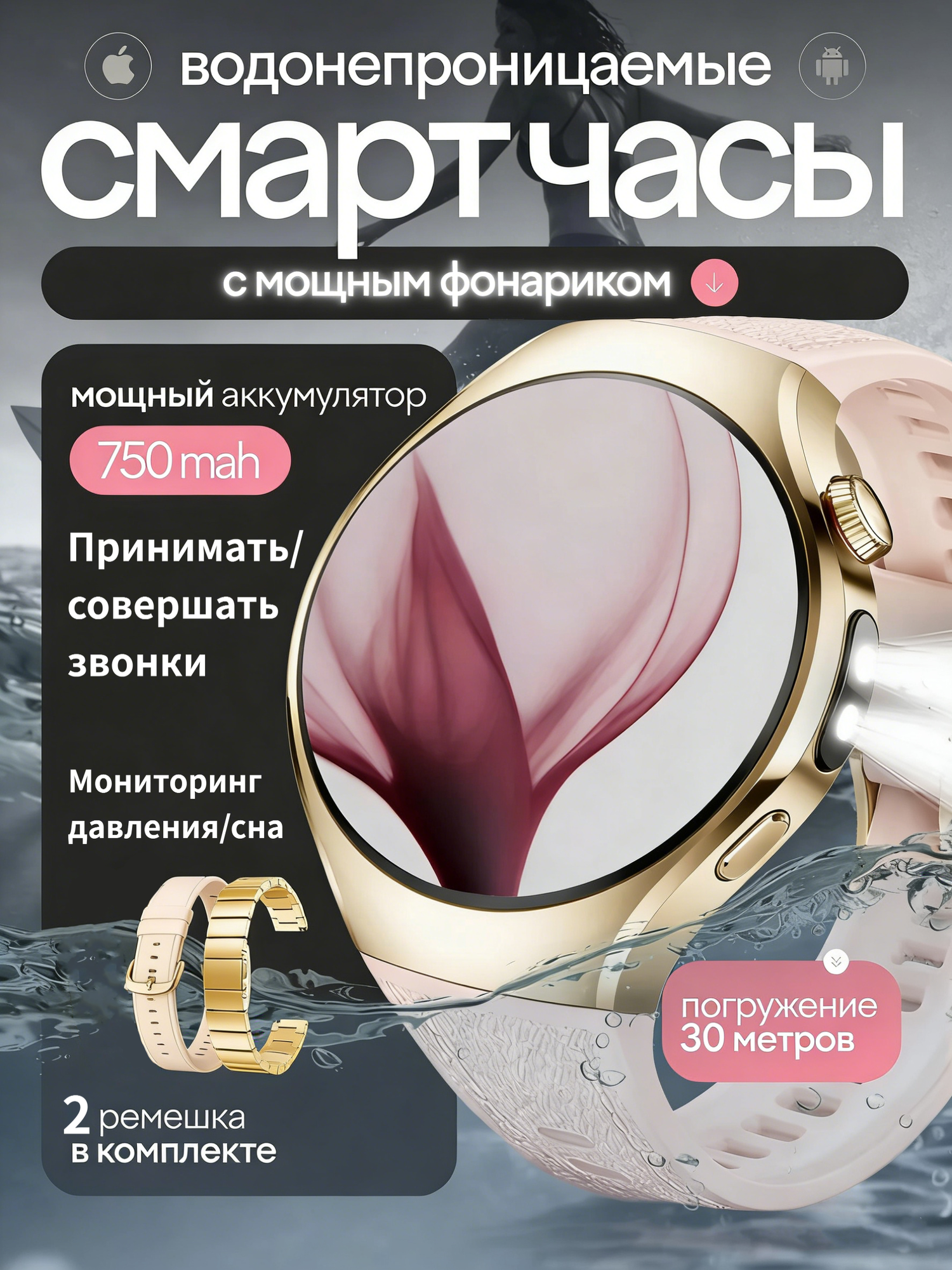 Умные часы ссит 2026, женские, фитнес-трекер, NFC, Bluetooth, золотисто-розовые