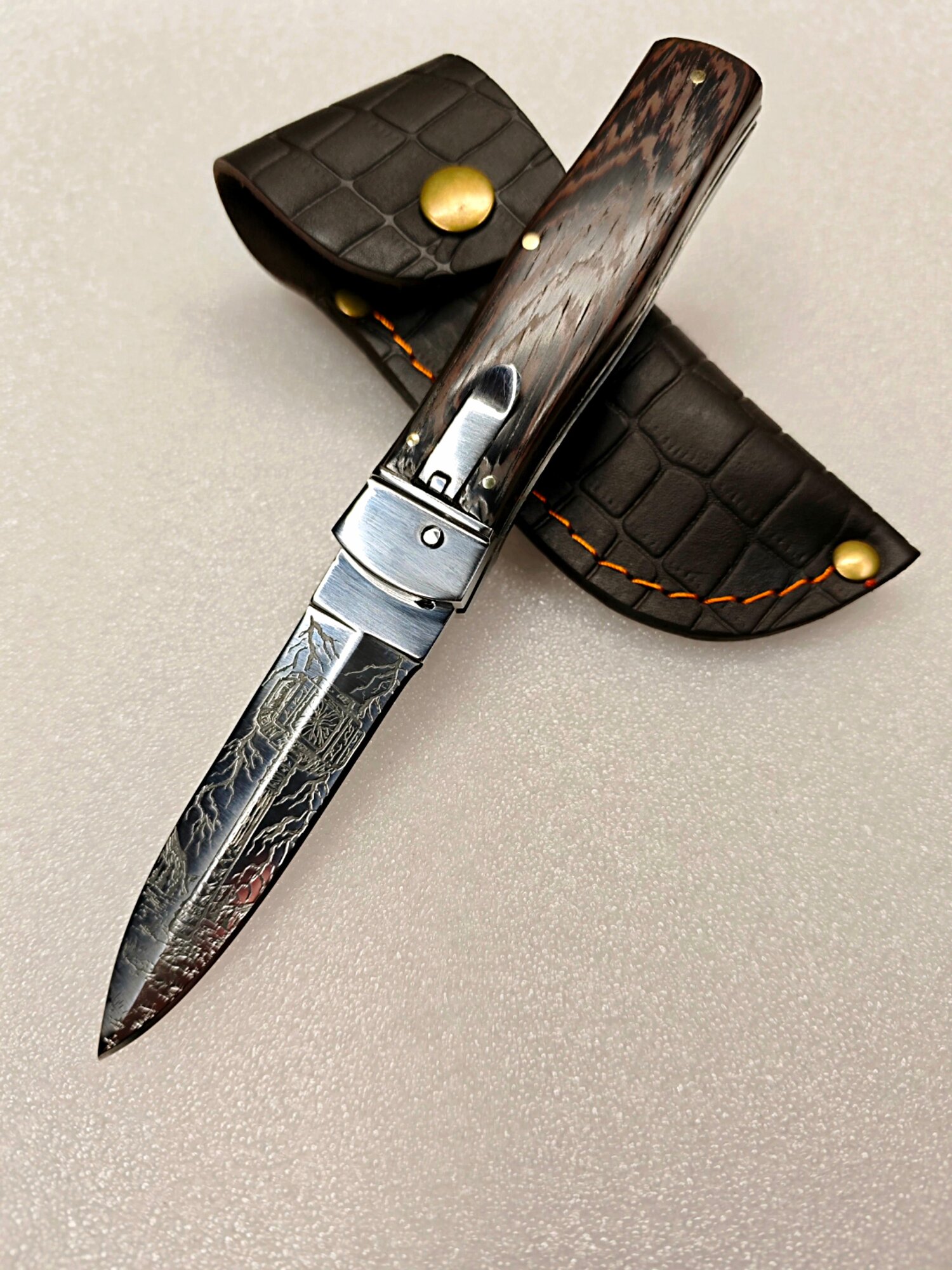Нож выкидной автоматический Молот Тора сталь 65x13 длина 21см ручная работа ножны натуральная кожа в комплекте