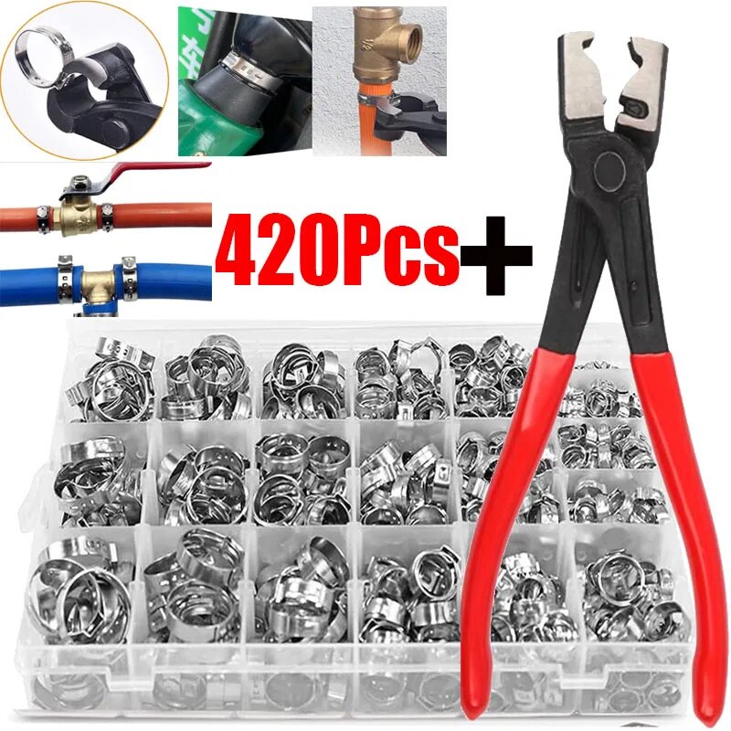 Набор зажимов для шлангов 420 шт. 7-21 мм, нержавеющая сталь, PLIER KIT