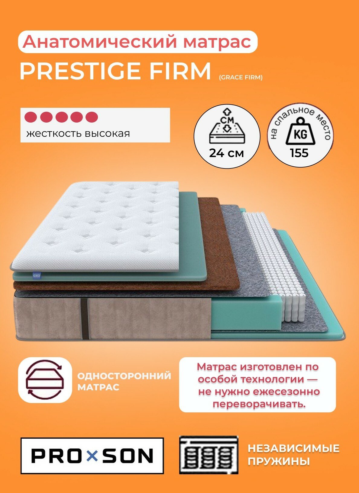 Матрас 140x200 Prestige Firm (Grace Firm), независимые пружины, жесткость высокая