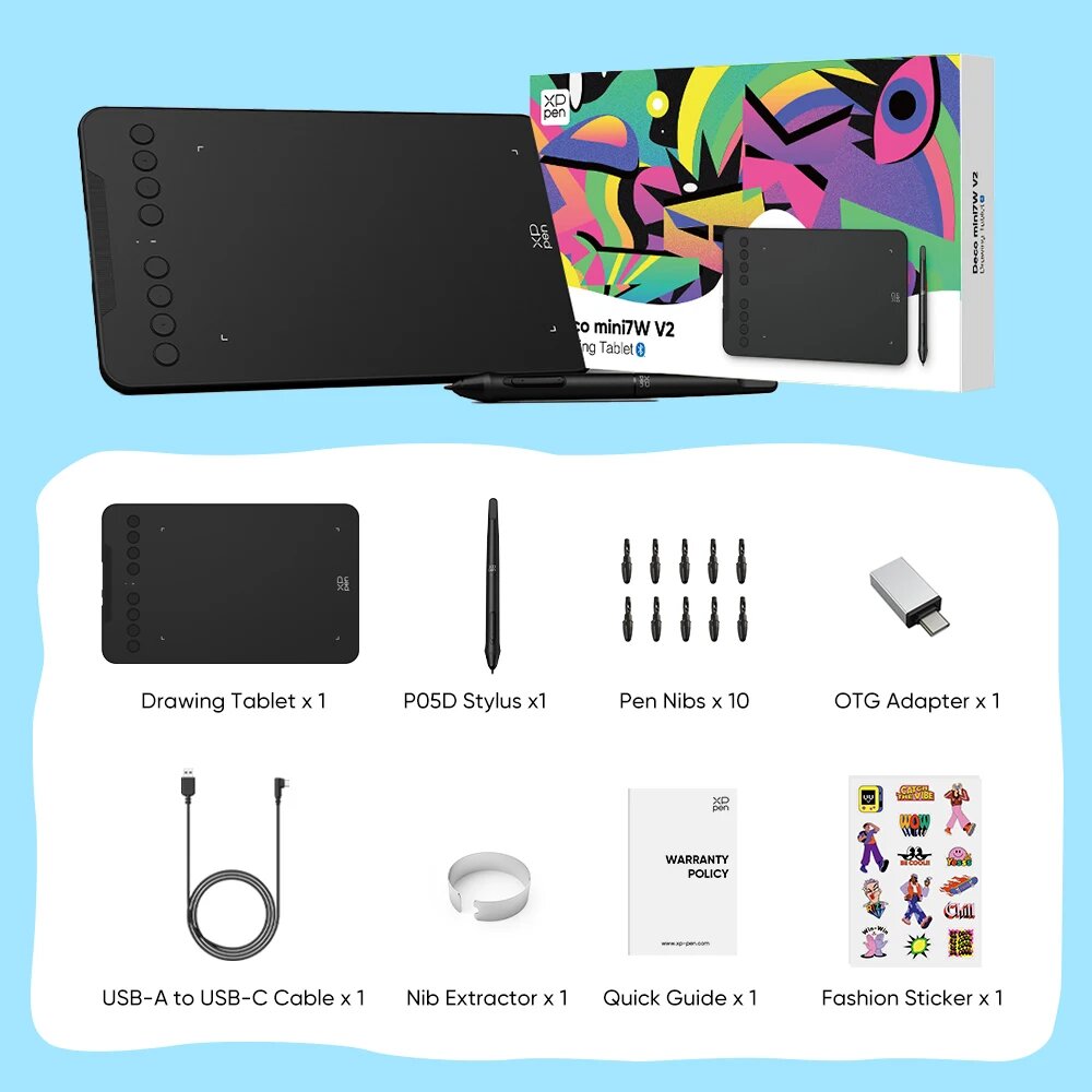 Графический планшет XPPen Deco Mini7W V2, новый, беспроводной, Bluetooth, 16K уровней чувствительности, 7x4 дюйма, 8 клавиш, для Windows, Mac, Android