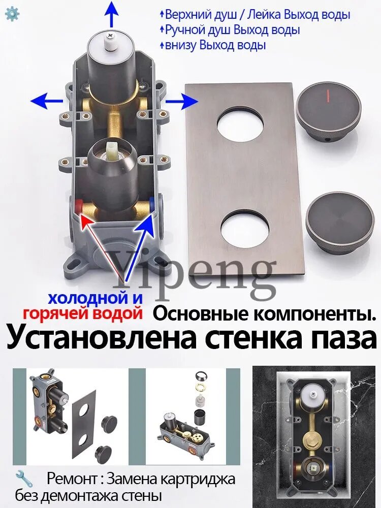 Душевая система с тропическим душем и смесителем, Холодная горячая вода,3 функция Серый металлик — фото 1