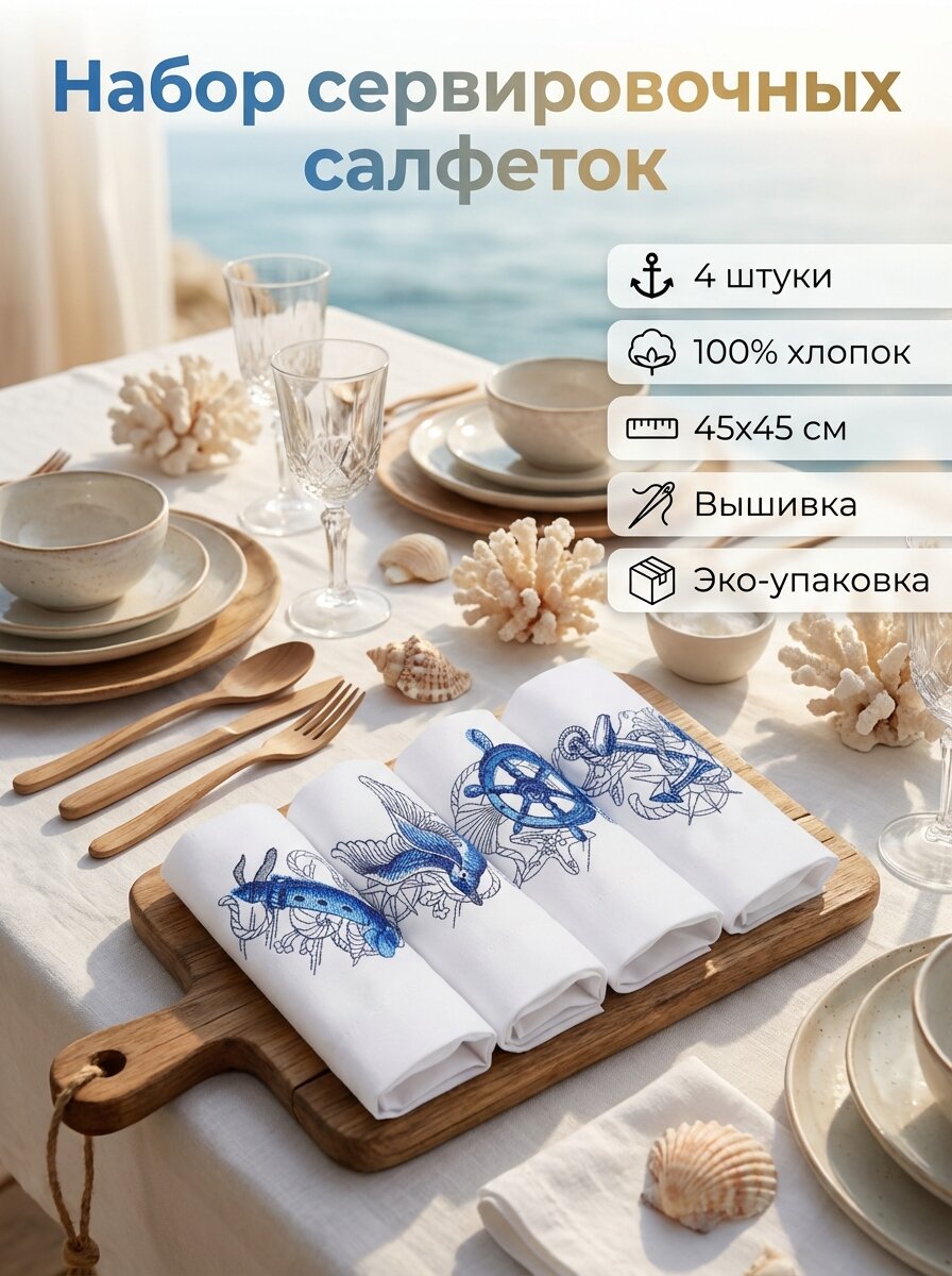 Набор салфеток с вышивкой "Морской бриз" 45x45см 4 шт.