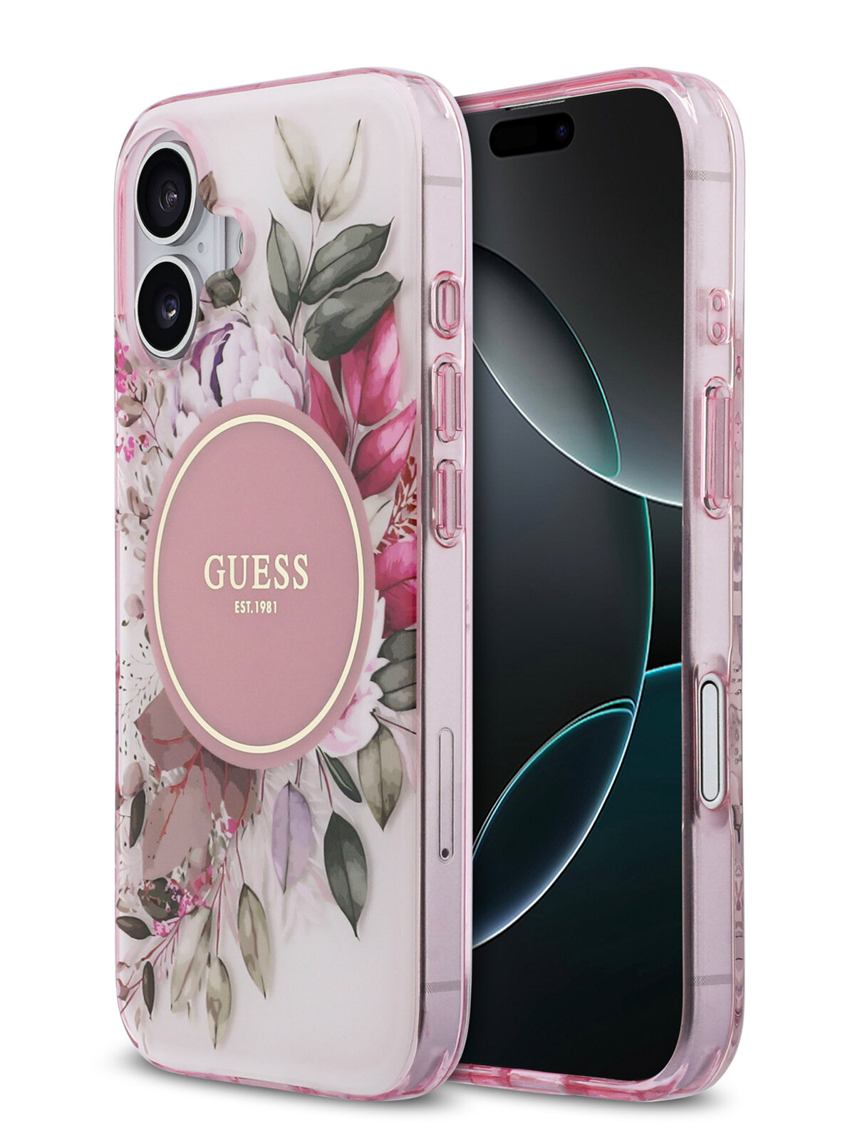 Чехол Guess на iPhone 17, с магнитами MagSafe, с принтом IML Flowers, розовый