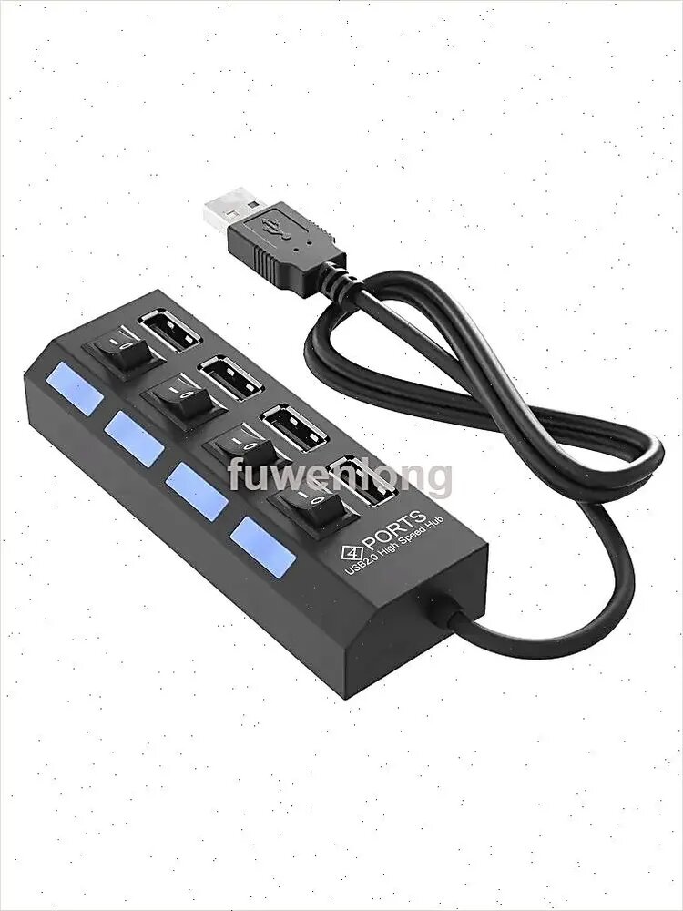 USB - концентратор, разветвитель, хаб на 4 порта с выключателем (1А, 5 В, USB 2.0) переходник, адаптер (Черный)