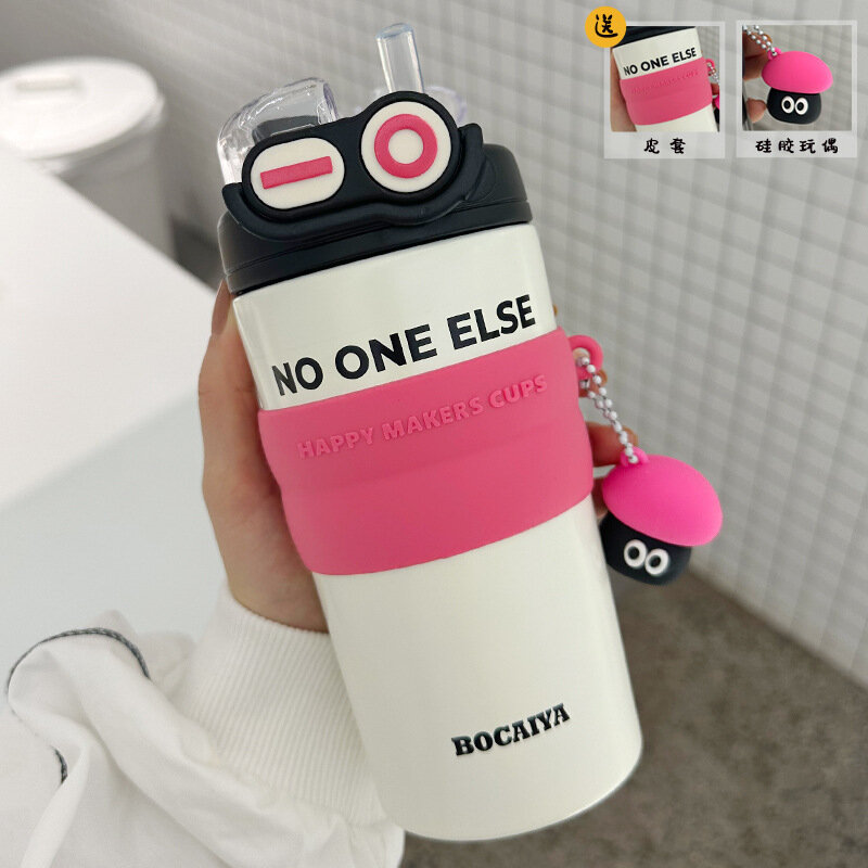 Термос-кружка для девочек, большая емкость, стильная кружка с трубочкой, новая модель 2025 года, термос-кружка для кофе из нержавеющей стали.