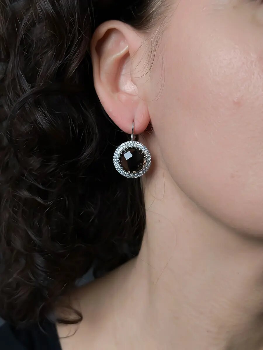 Серьги, серебро, 925 проба, родирование, фианит, раухтопаз