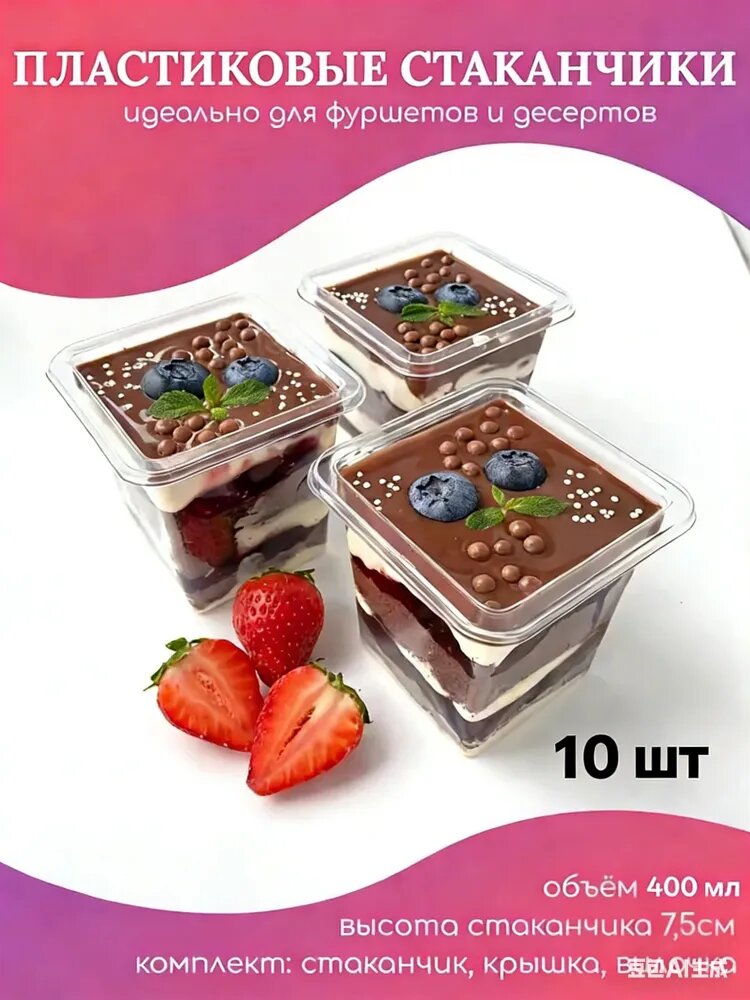 Одноразовый десертный стаканчик, пластиковый, с крышкой и вилкой, 400 мл, 10 шт