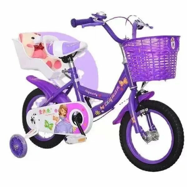 Двухколесный детский велосипед 14" inch princess ростом 105-130 см для девочки фиолетового цвета. Для детей в возрасте 3-5 лет - велосипеды принцессы, с корзинами, с чемоданами