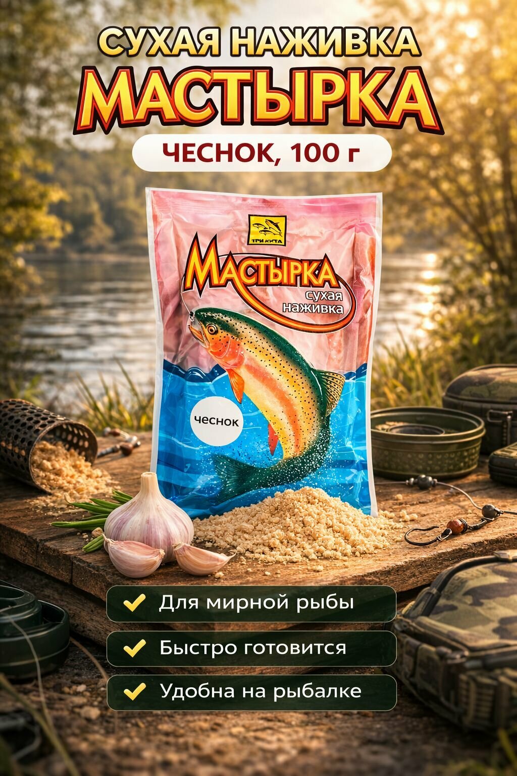 Мастырка рыболовная, Чеснок, 100 г - сухая наживка, тесто для рыбалки на карпа, карася, леща, плотву, фидер