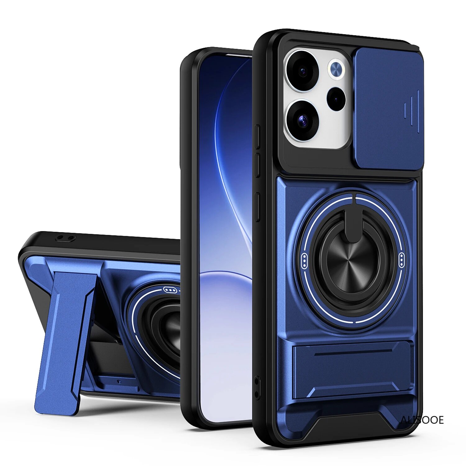 Чехол OPPO Reno 15F 5G темно-синий с кольцом и подставкой