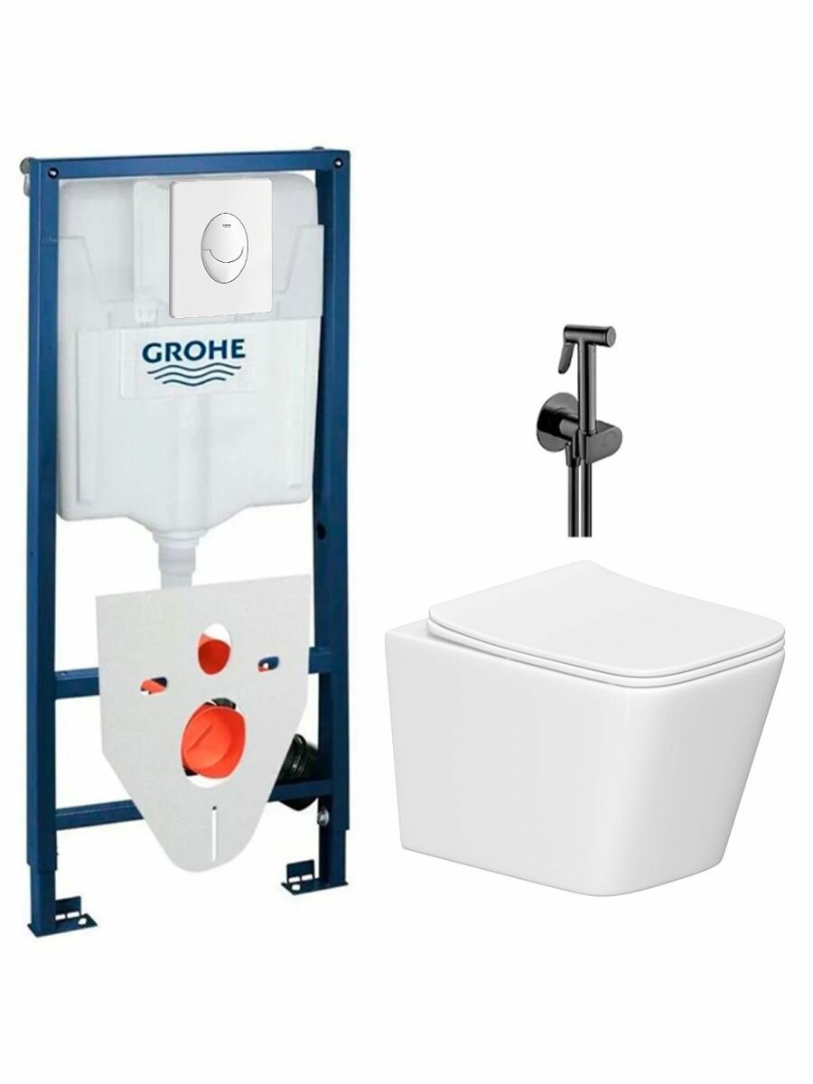 Инсталляция с унитазом и гигиеническим душем комплект: унитаз подвесной Helmken 35120001, сиденье с микролифтом из дюропласта, инсталляция Grohe, шумоизоляция, кнопка, гигиенический душ