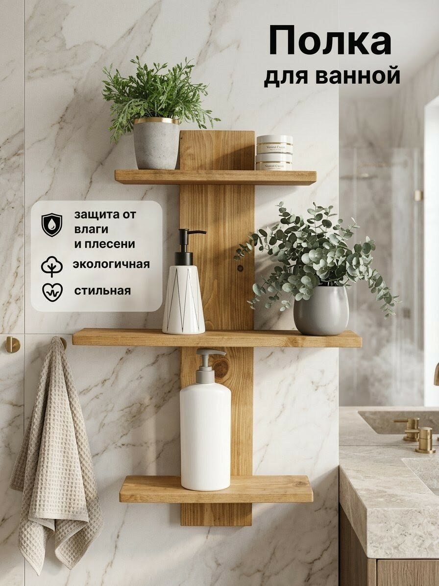 Полка для ванной комнаты настенная деревянная Орех 75см