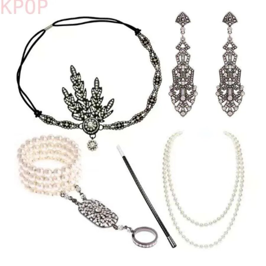 Набор аксессуаров Гэтсби в стиле 1920-х: повязка, серьги и браслет, черный цвет