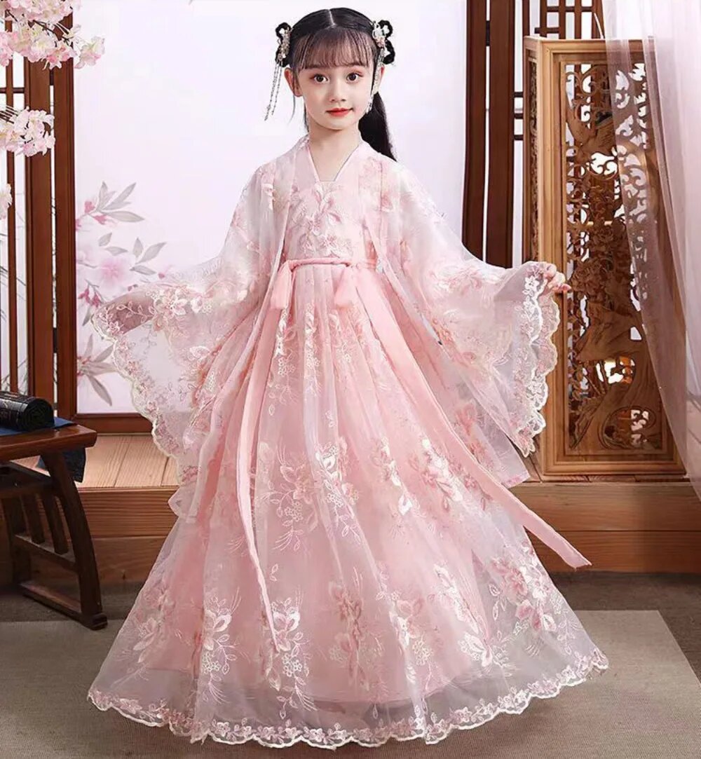 Детское летнее платье Hanfu с кружевными рукавами, винтажное детское платье для девочек, традиционный китайский костюм народного танца, традиционный костюм для косплея