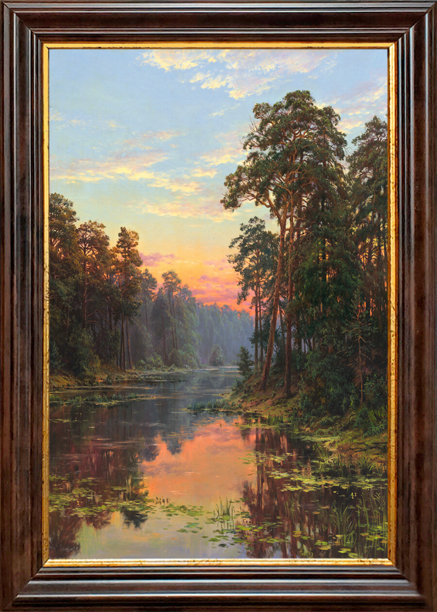 Картина "Вечер на озере", 30х20 см, художник - Басов Сергей. Оформлена в багет, Арт. БС16-30х20