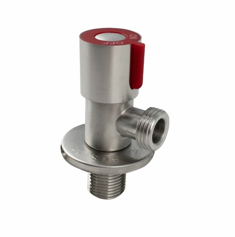 Магнус - Кран металлокерамика угловой 1/2"х1/2", красная ручка, с отражателем, из нержавеющей стали марки 304