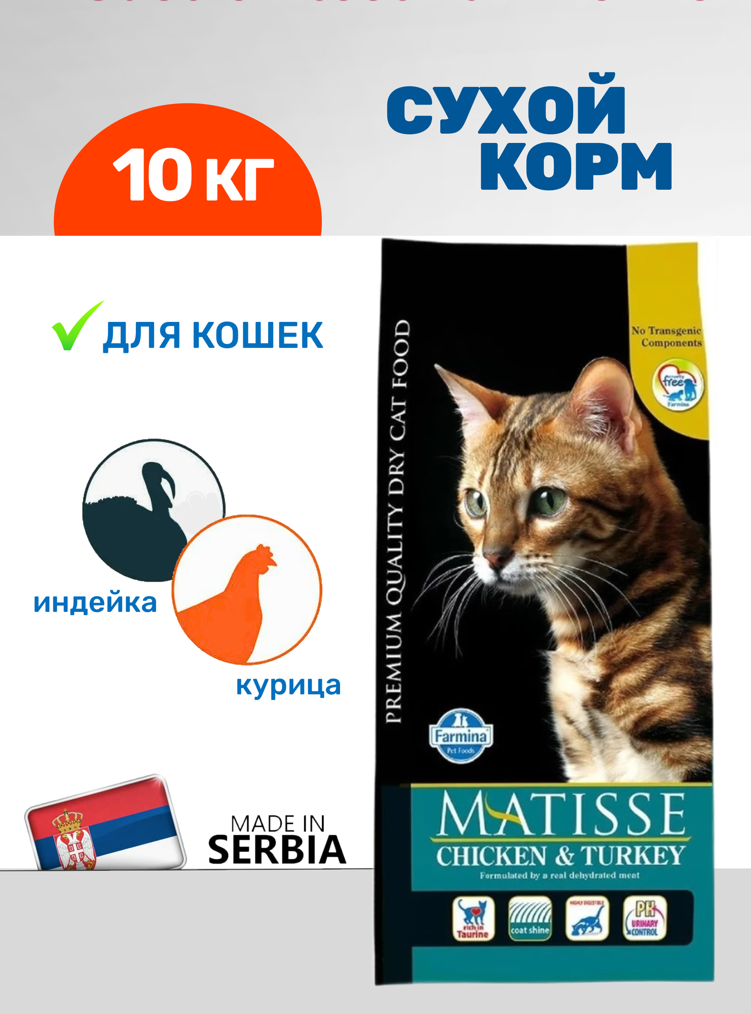 Сухой корм Farmina Matisse для взрослых кошек с курицей и индейкой, 400гр