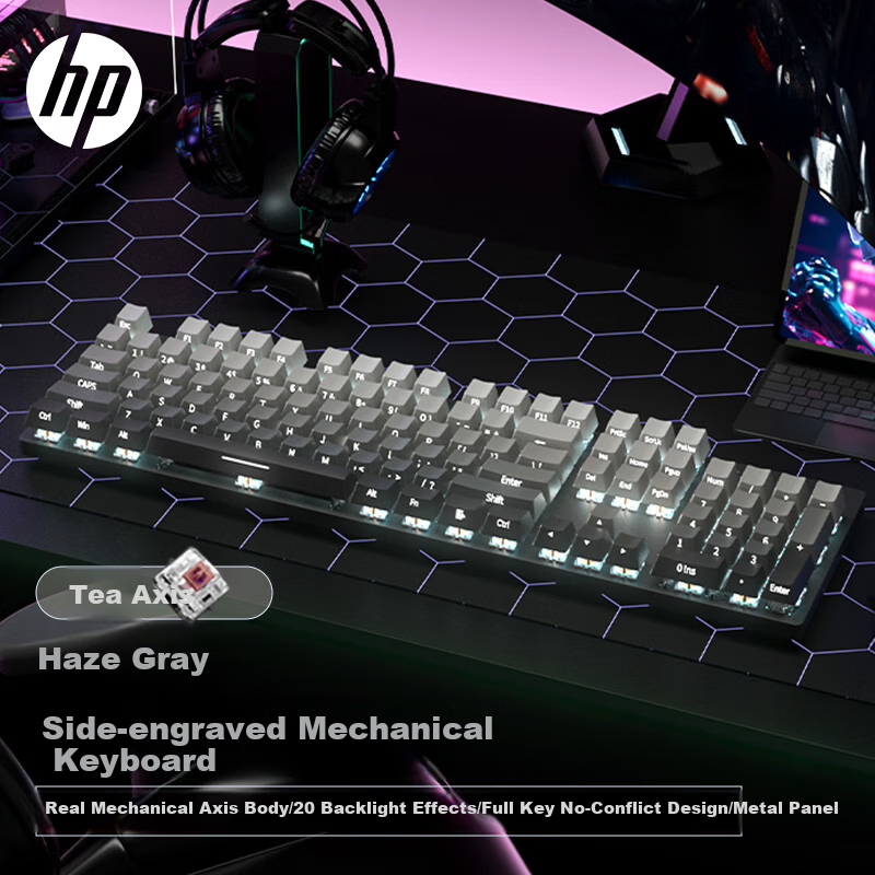 HP Механическая клавиатура с проводом для офиса и игр совместима с настольными и ноутбуками боковая гравировка