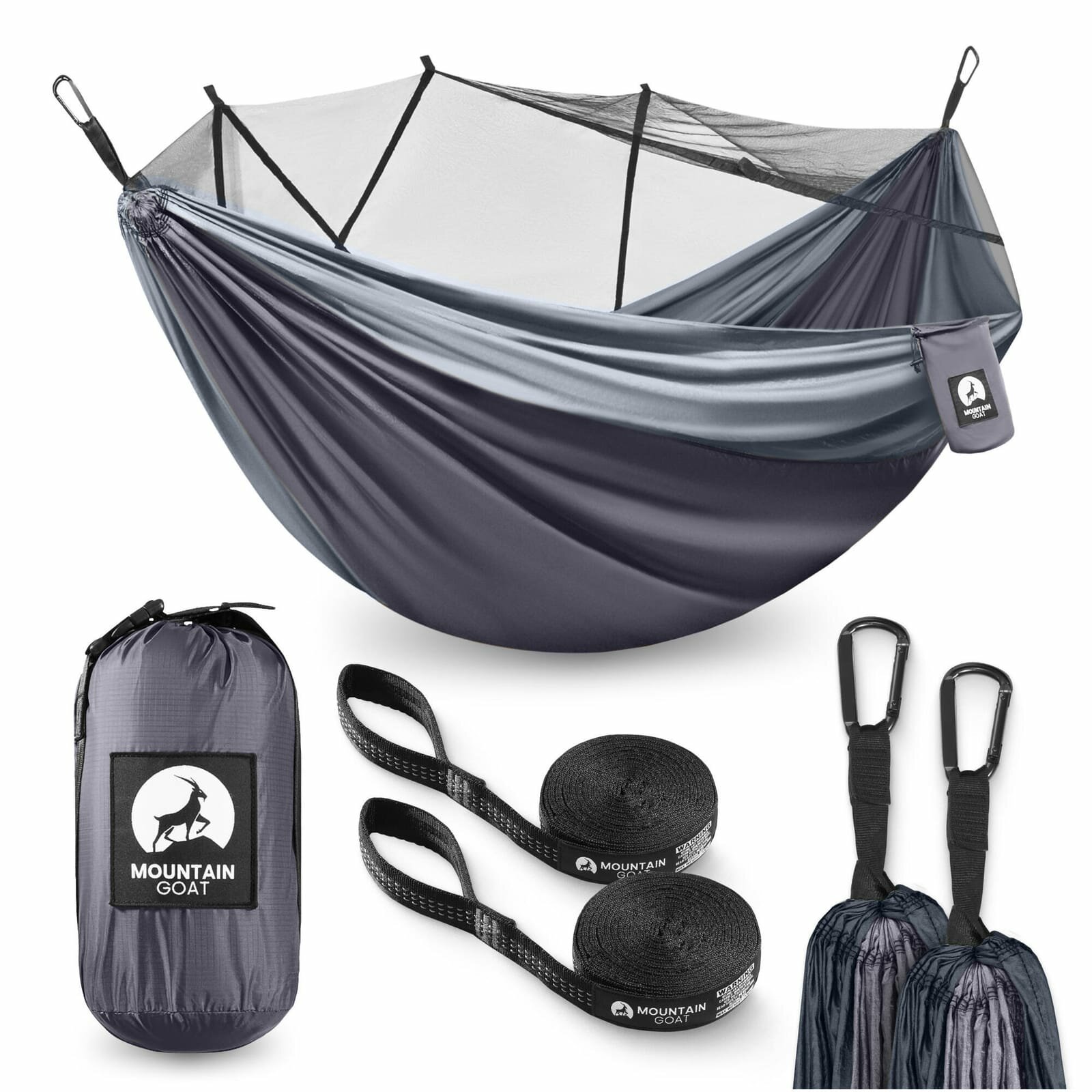DECATHLON Гамак туристический двухместный с москитной сеткой MOUNTAIN GOAT, темно-серый/серый, размер 300x200 см, нагрузка 200 кг