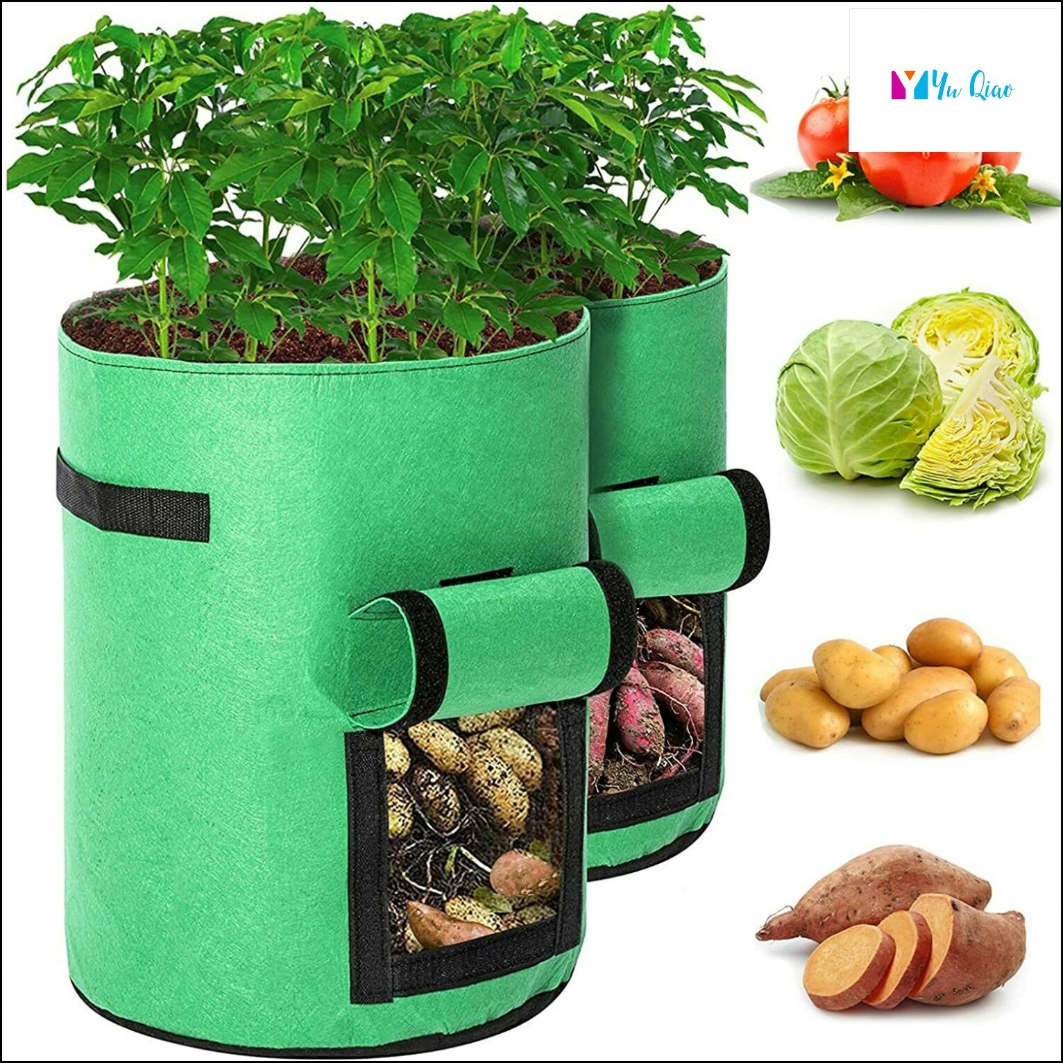 Садовые мешки для картофеля, 2 штуки по 10 галлонов, мешки для выращивания картофеля, плантеры для посадки картофеля с клапаном и ручками для картофеля, помидоров, моркови (зеленый), материал фетр, упаковка полиэтиленовая сумка + картон, для