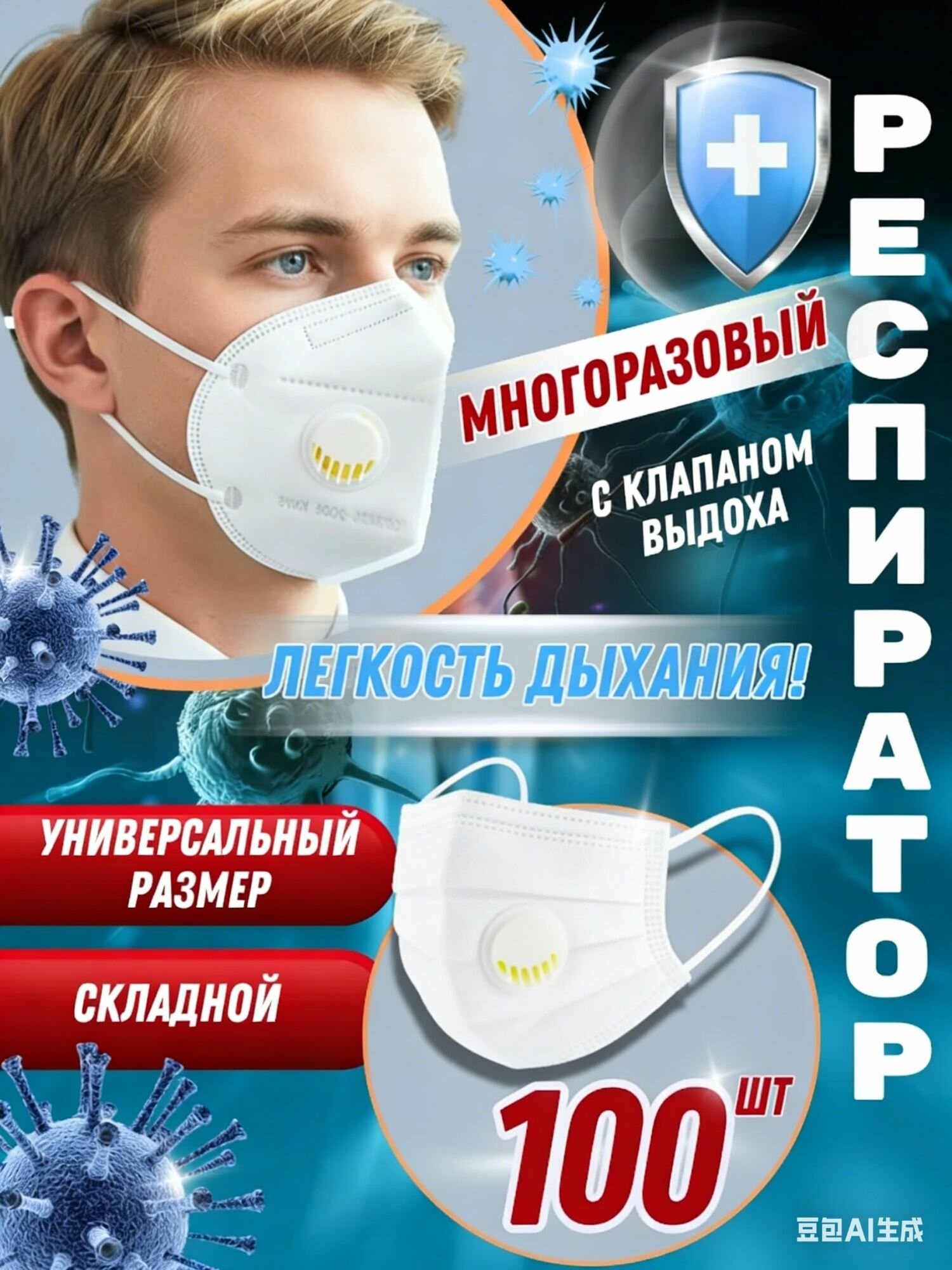 Респиратор многоразовый с клапаном FFP2 маска KN95 100 шт