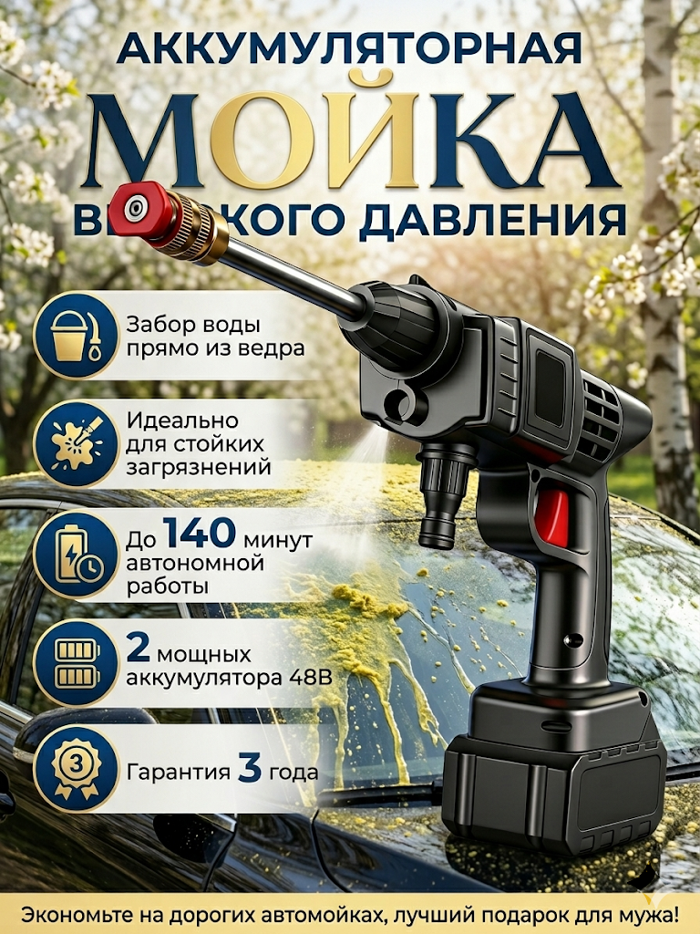 Мойка высокого давления HIOMEE, 1000Вт, портативная, аккумуляторная, с фильтром, в кейсе