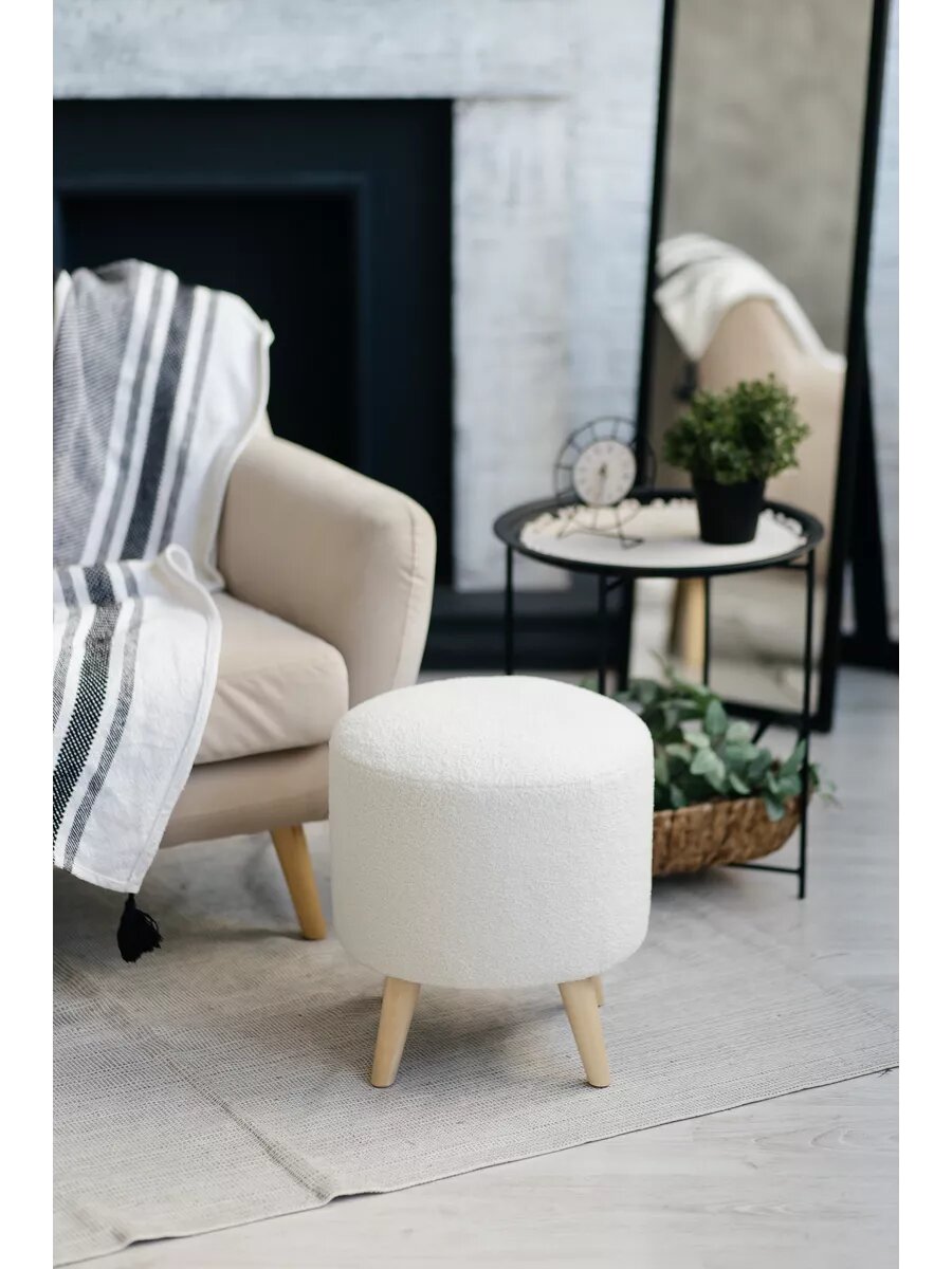 Пуфик Букле для туалетного столика и спальни, белый, на деревянных ножках