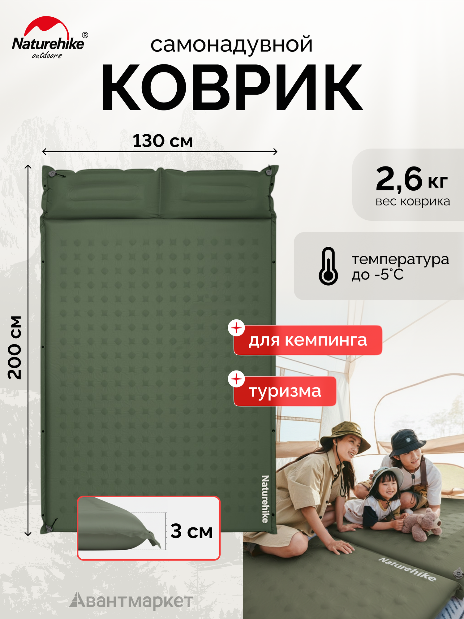 Коврик Naturehike CNK2550WS025 D Series 3см с   подушкой R3.1 Double самонадувной туристический зеленый