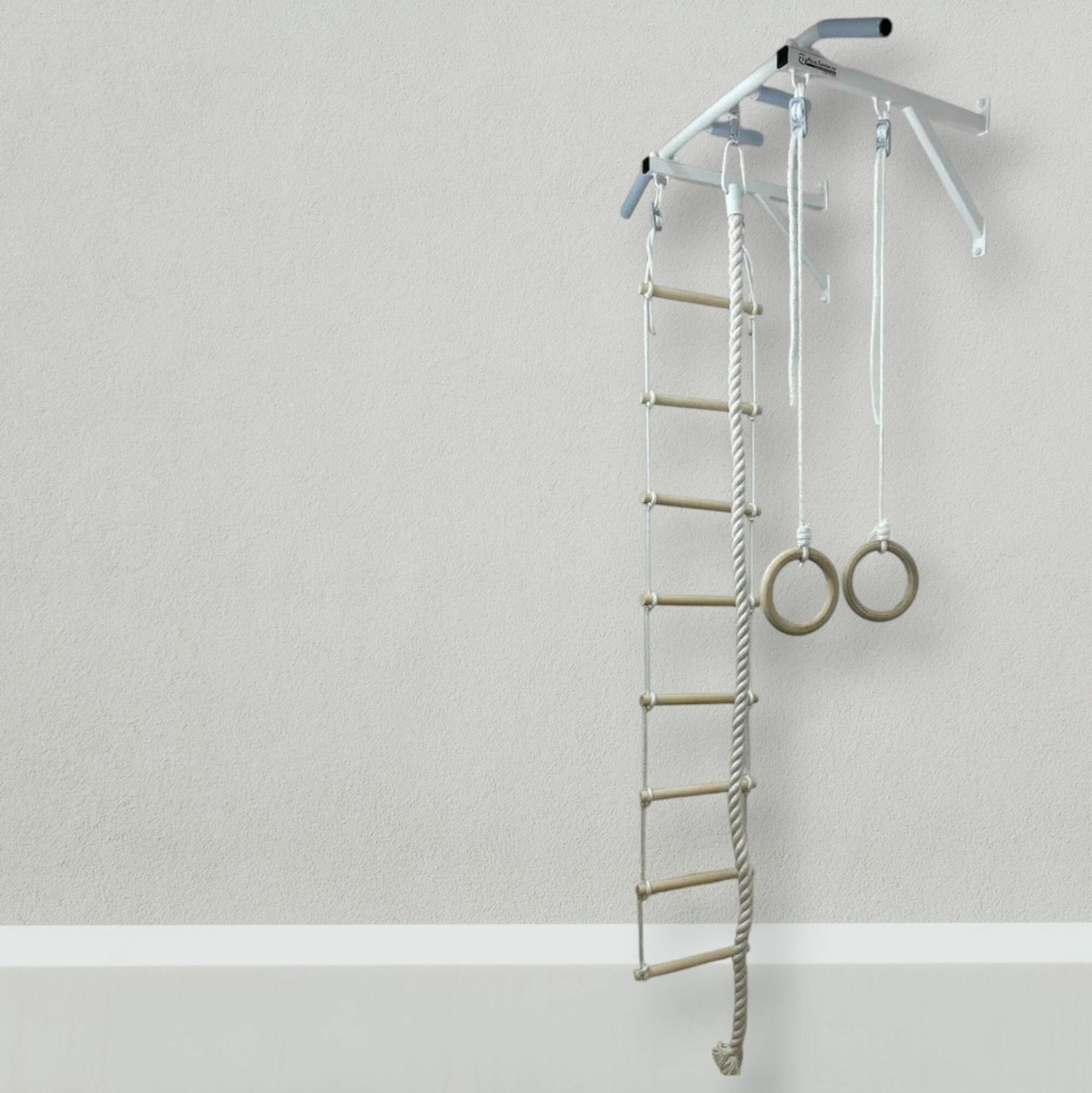 Комплект Турник настенный 3 в 1 "Добрыня" с Кольцами деревянными, Канатом и Веревочной лестницей