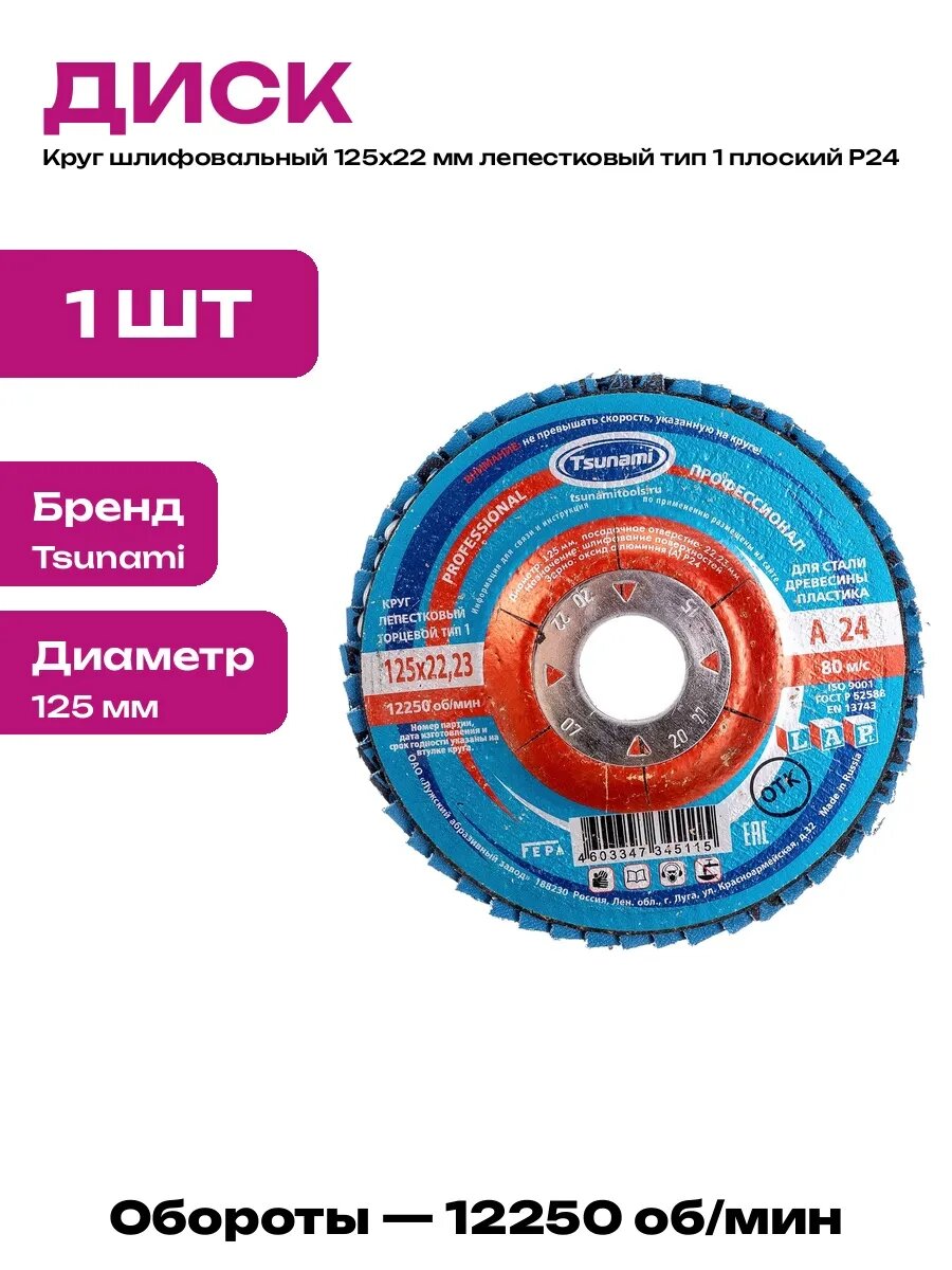 Круг лепестковый торцевой КЛТ 1 плоский 125х22.2 мм зерно 24