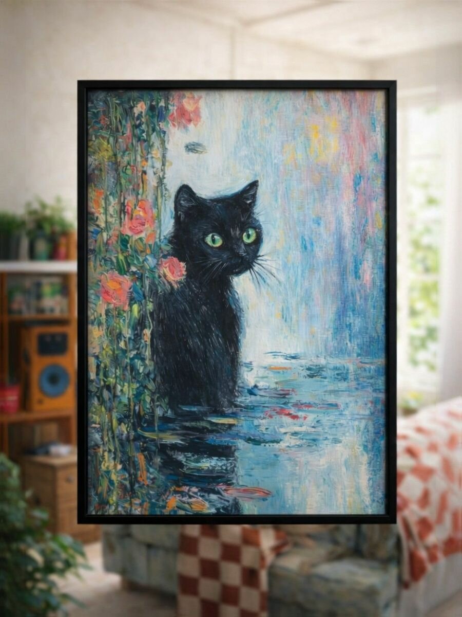 Постер на стену черный кот импрессионизм 30х40 см милый плакат на стену, интерьерный декор