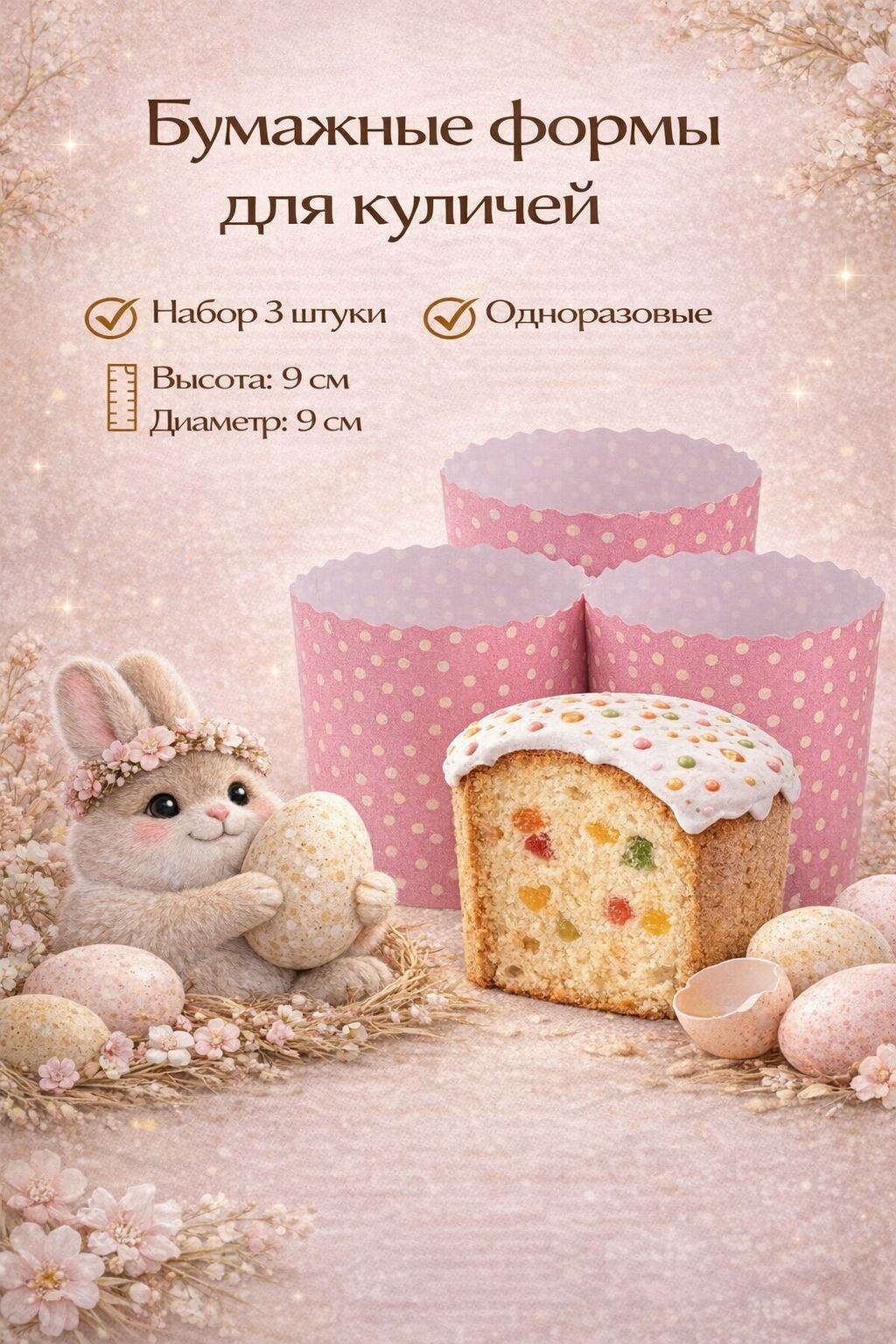 Форма для выпечки кулича бумажная "Горошек". Набор 3 шт. Диаметр 9см, высота 9см.