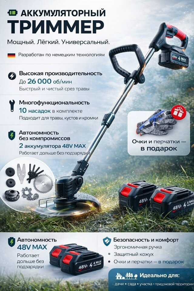 Садовый триммер аккумуляторный 26000 об/мин, садовый триммер с двумя аккумуляторами