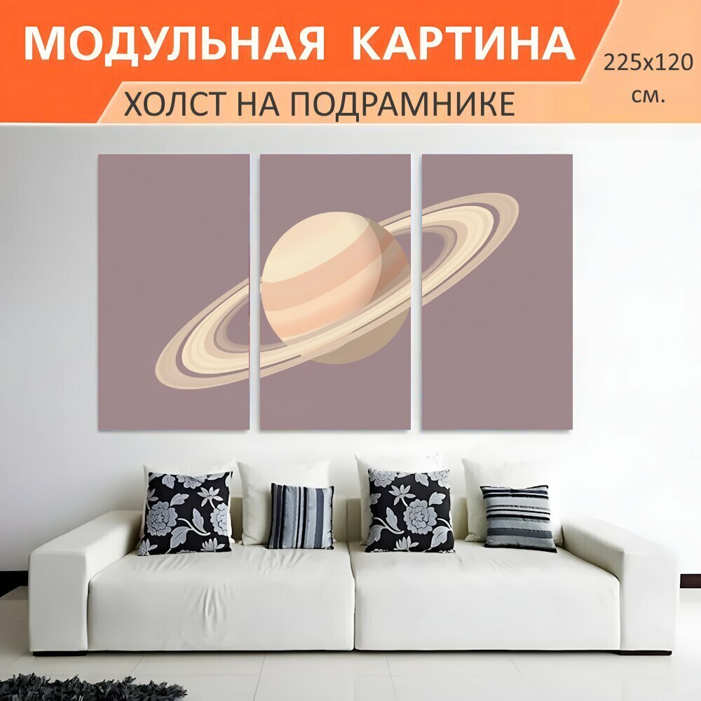 Модульная картина на холсте "Планета с кольцами в космосе. Минималистичная космическая композиция с небесным шаром и светлыми." триптих на подрамнике 225х120 см. для интерьера