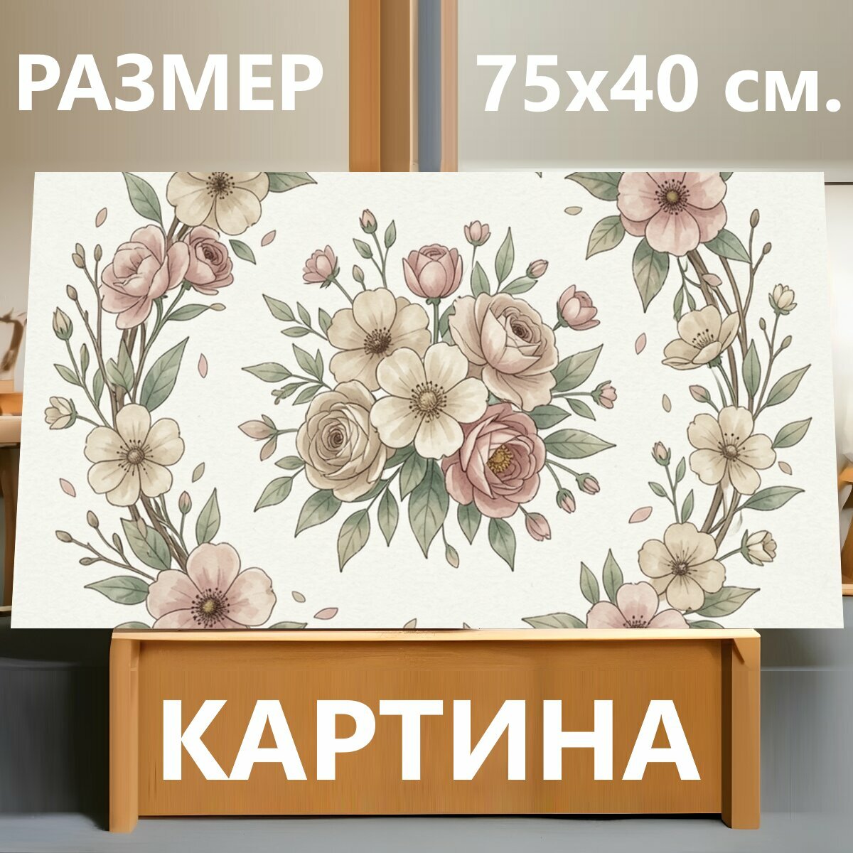 Картина на холсте "Цветочный венок с розами. Нежная ботаническая композиция в пастельных тонах: круговой орнамент из веточек, бутонов и." на подрамнике 75х40 см. для интерьера