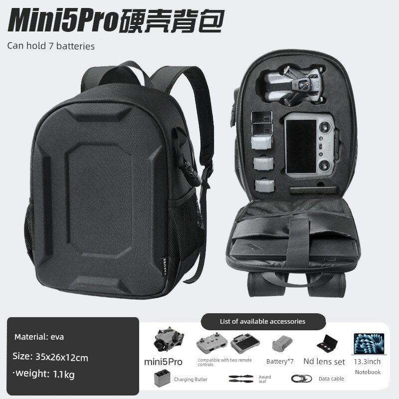 Рюкзак DJI Mini 5 Pro в ночном черном цвете с универсальной совместимостью пульта управления и отсеком для ноутбука