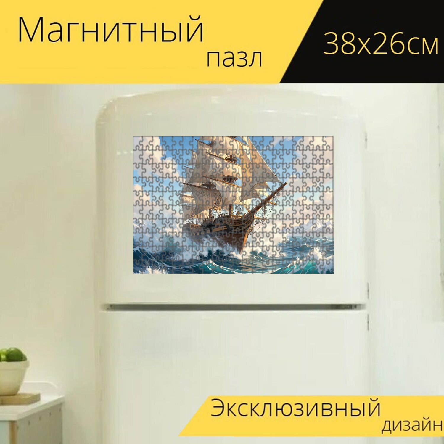 Магнитный пазл "Парусный корабль в бурном море. Величественный морской фрегат с высокими мачтами и белыми парусами несётся по волнам под ясным небом." для интерьера, 38х26 см.