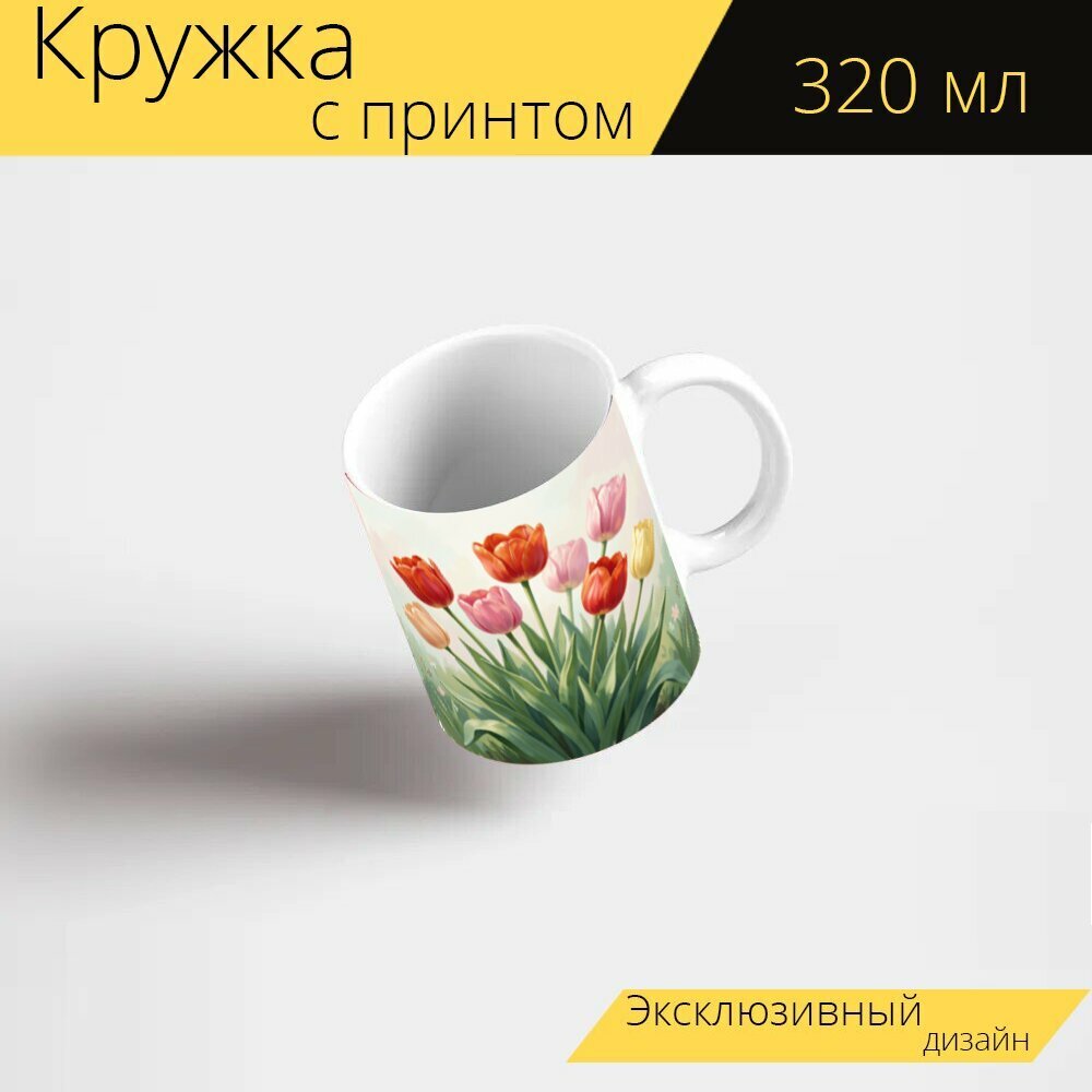 Кружка с рисунком, принтом "Весенние тюльпаны в саду. Яркая ботаническая композиция с распустившимися тюльпанами в оттенках красного, розового, персикового и жёлтого, нежная." 320 мл.