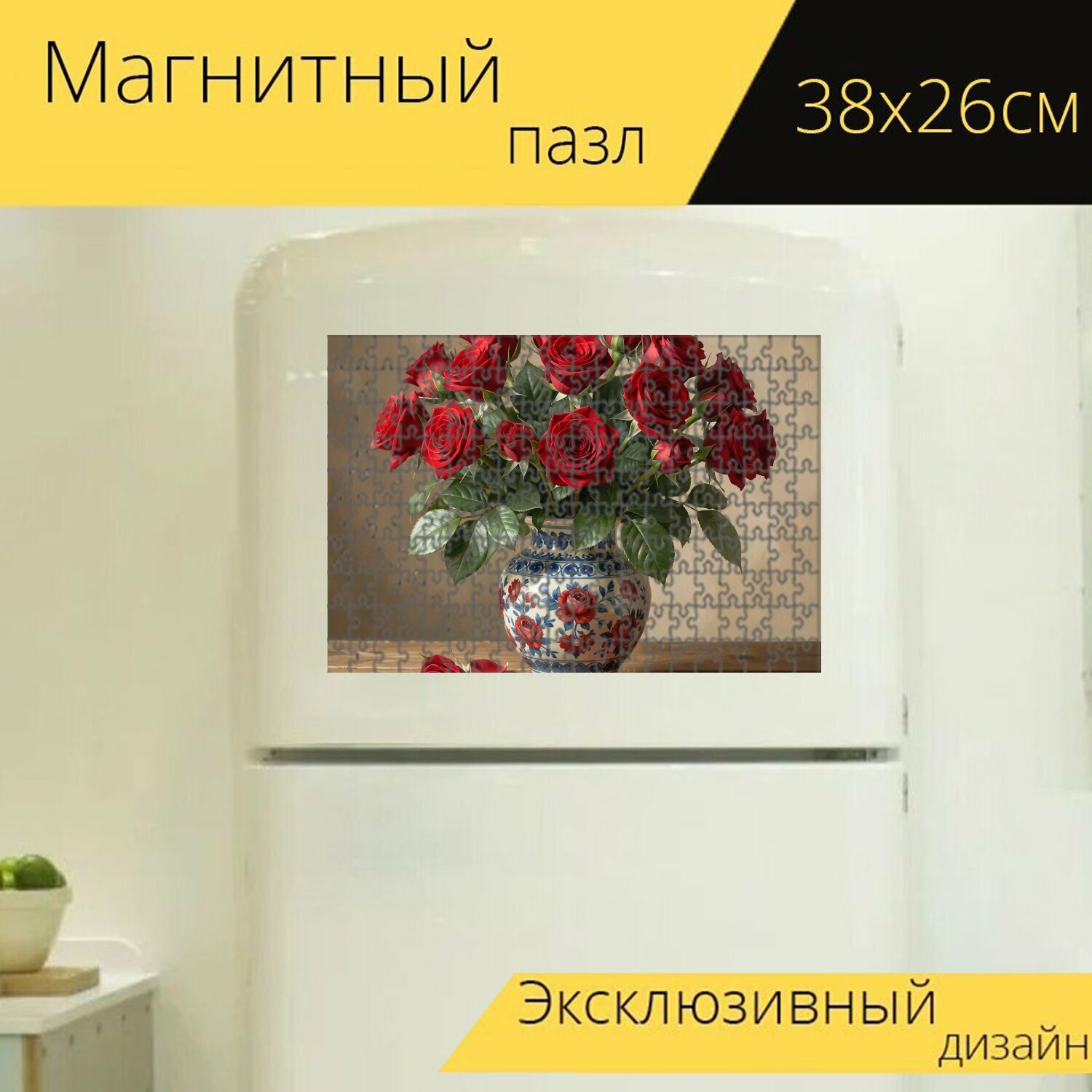 Магнитный пазл "Красные розы в керамической вазе. Натюрморт с пышными алыми бутонами и зелёной листвой в расписном керамическом сосуде на деревянной." для интерьера, 38х26 см.