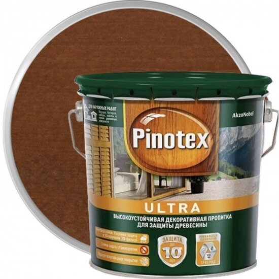 Пропитка декоративная для защиты древесины Pinotex Ultra AWB тик полуглянец 9 л