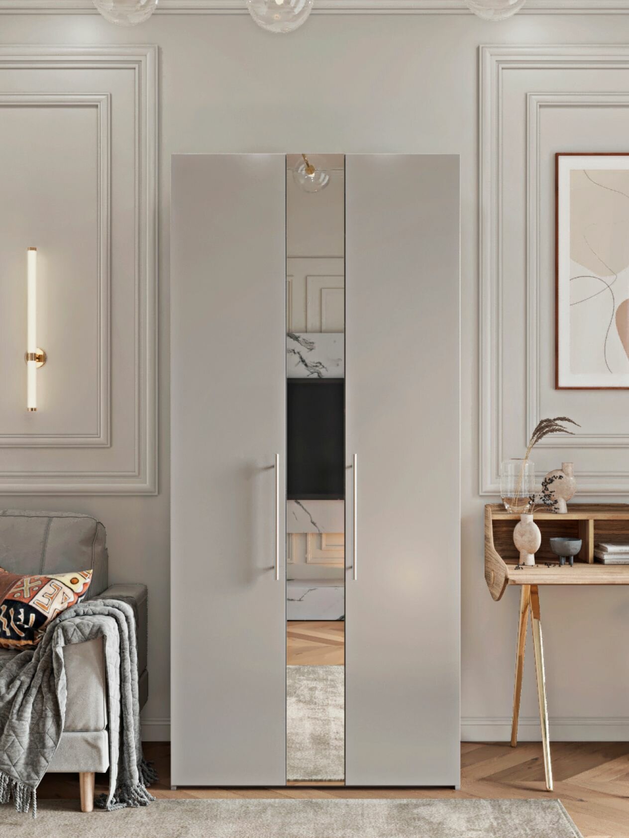 Casa Mia 90x55x210 см. Шкаф для одежды распашной с зеркалом, 2-дверный , кашемир, ручка рейлинг 320 мм