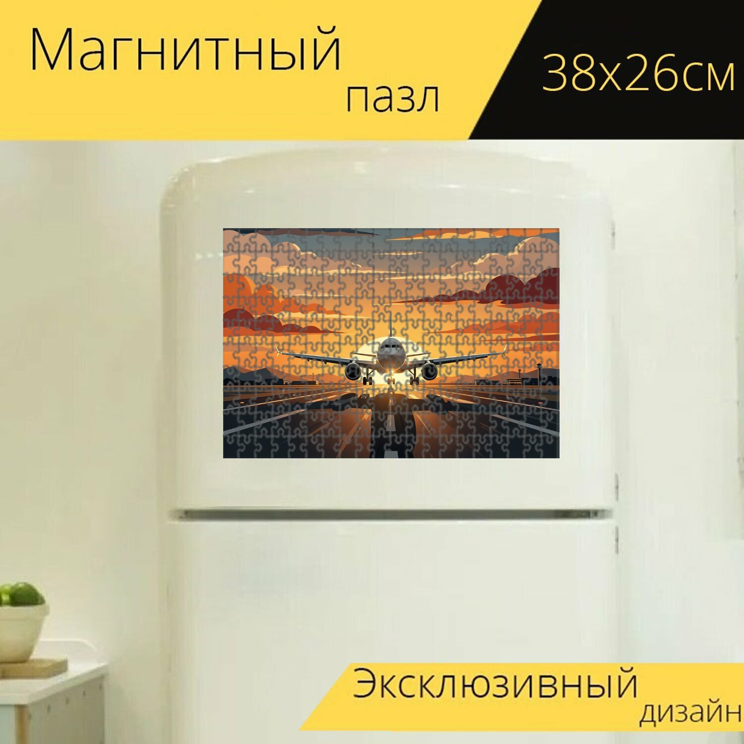 Магнитный пазл "Самолет на взлетной полосе. Лайнер на аэродроме в момент взлета, драматичный закатный свет, огненно-оранжевые и темно-синие оттенки." для интерьера, 38х26 см.