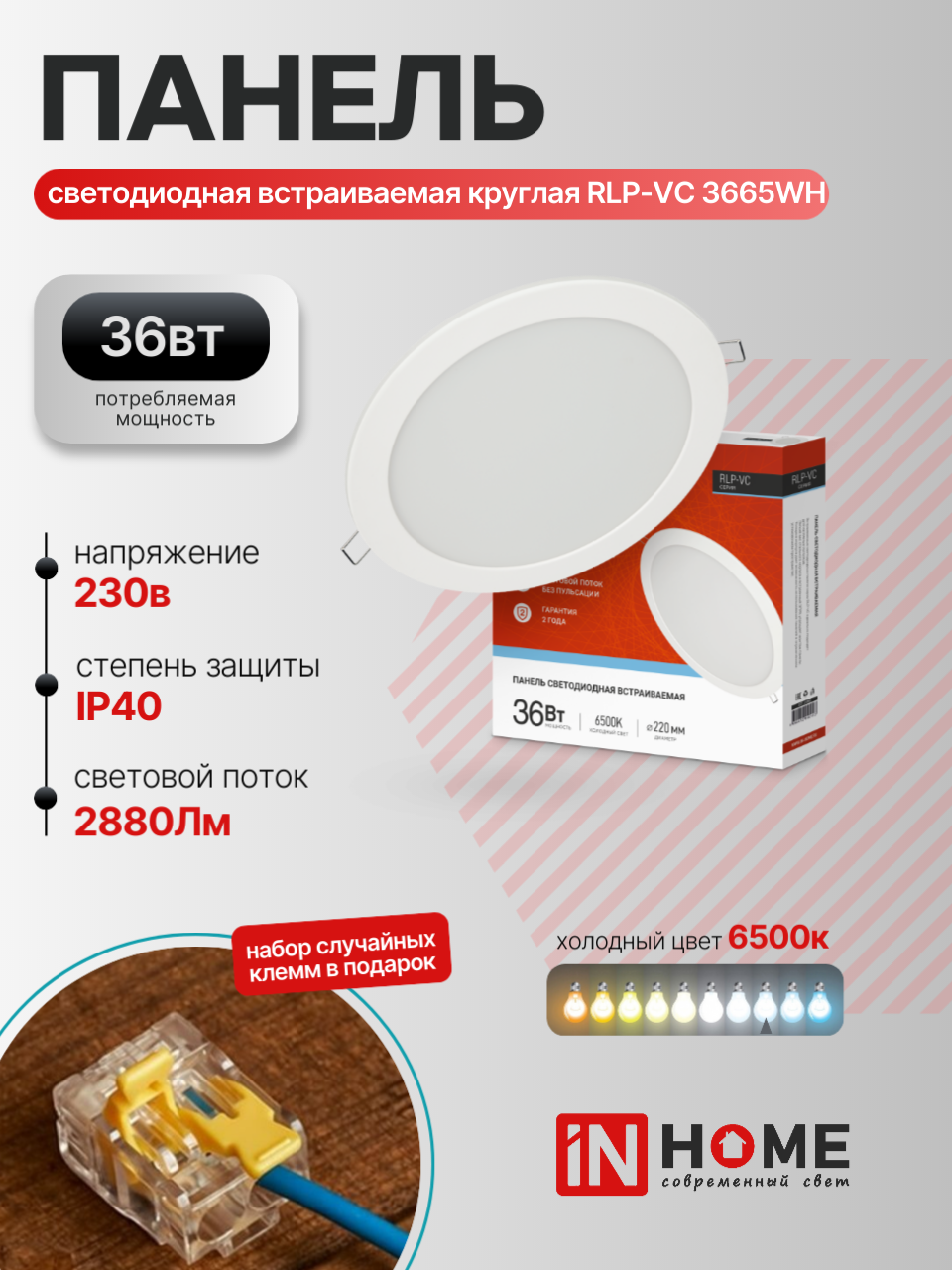Панель светодиодная встраиваемая круглая RLP-VC 36Вт 230В 6500К 2880Лм 220мм белая IP40 IN HOME