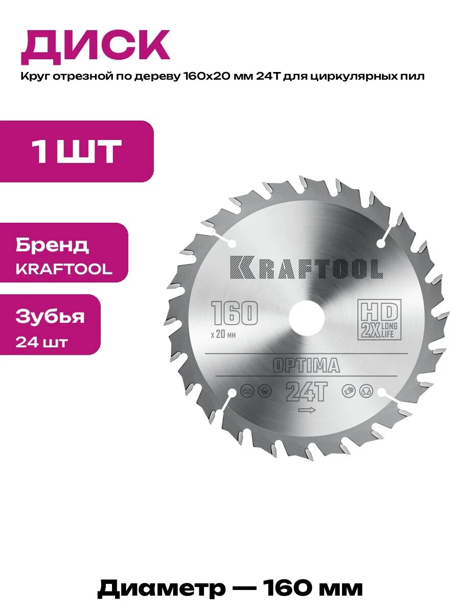 Диск пильный по дереву 160х20 мм 24Т для чистого реза Optima