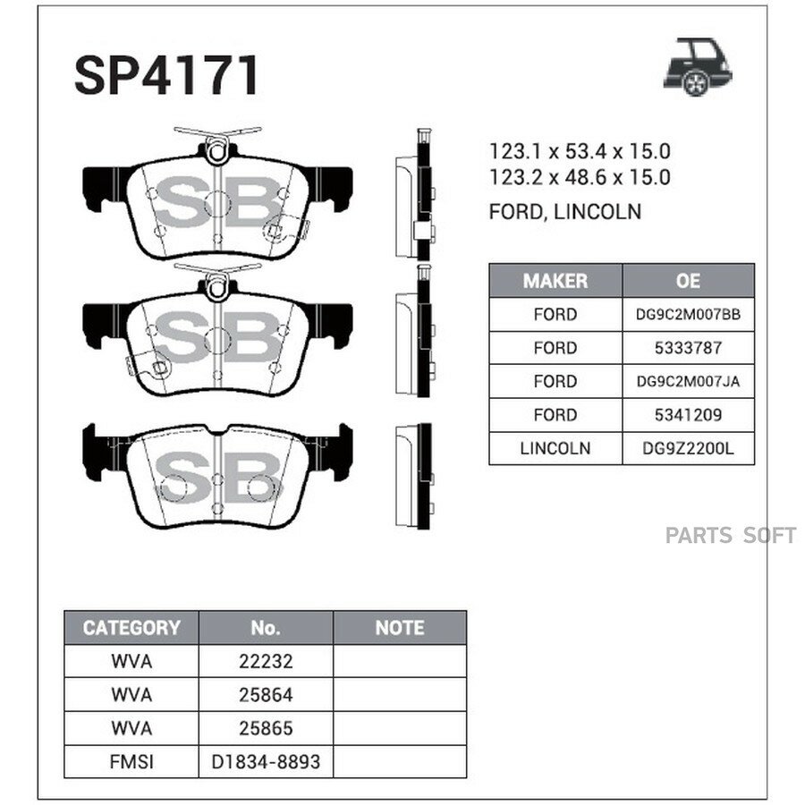 SANGSIN BRAKE SP4171 Колодки задние FORD MONDEO V, GALAXY, S-MAX 15- SP4171