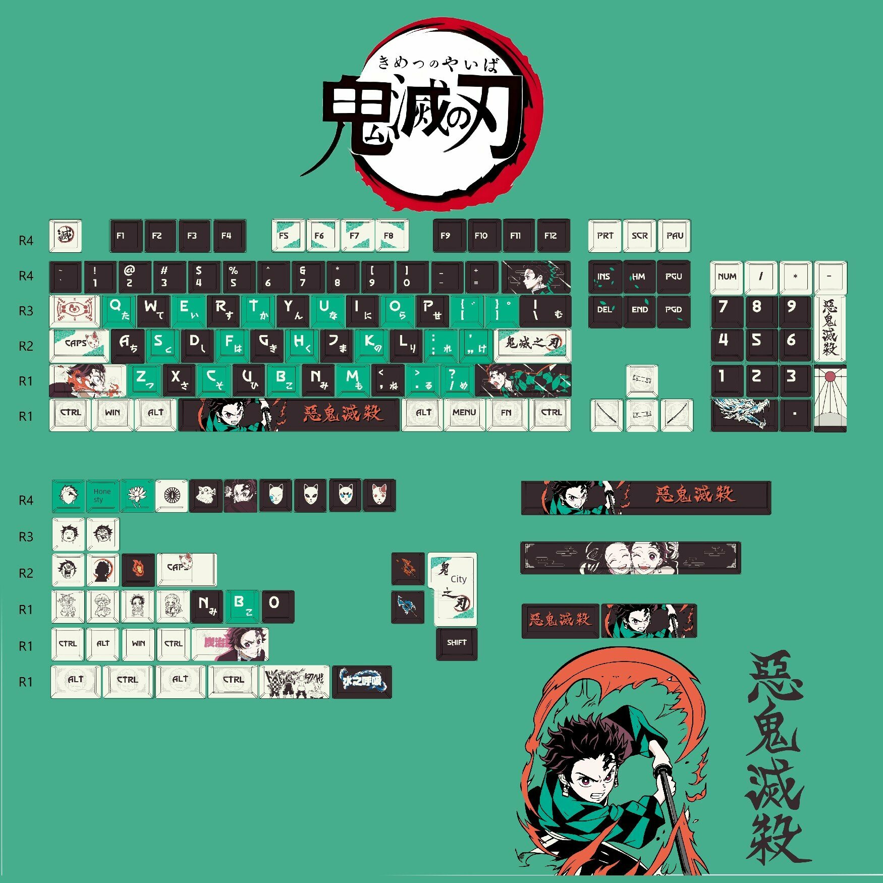 Комплект кейкапов Demon Slayer (Истребитель демонов) из PBT с сублимационной печатью, аниме, двухмерные, для