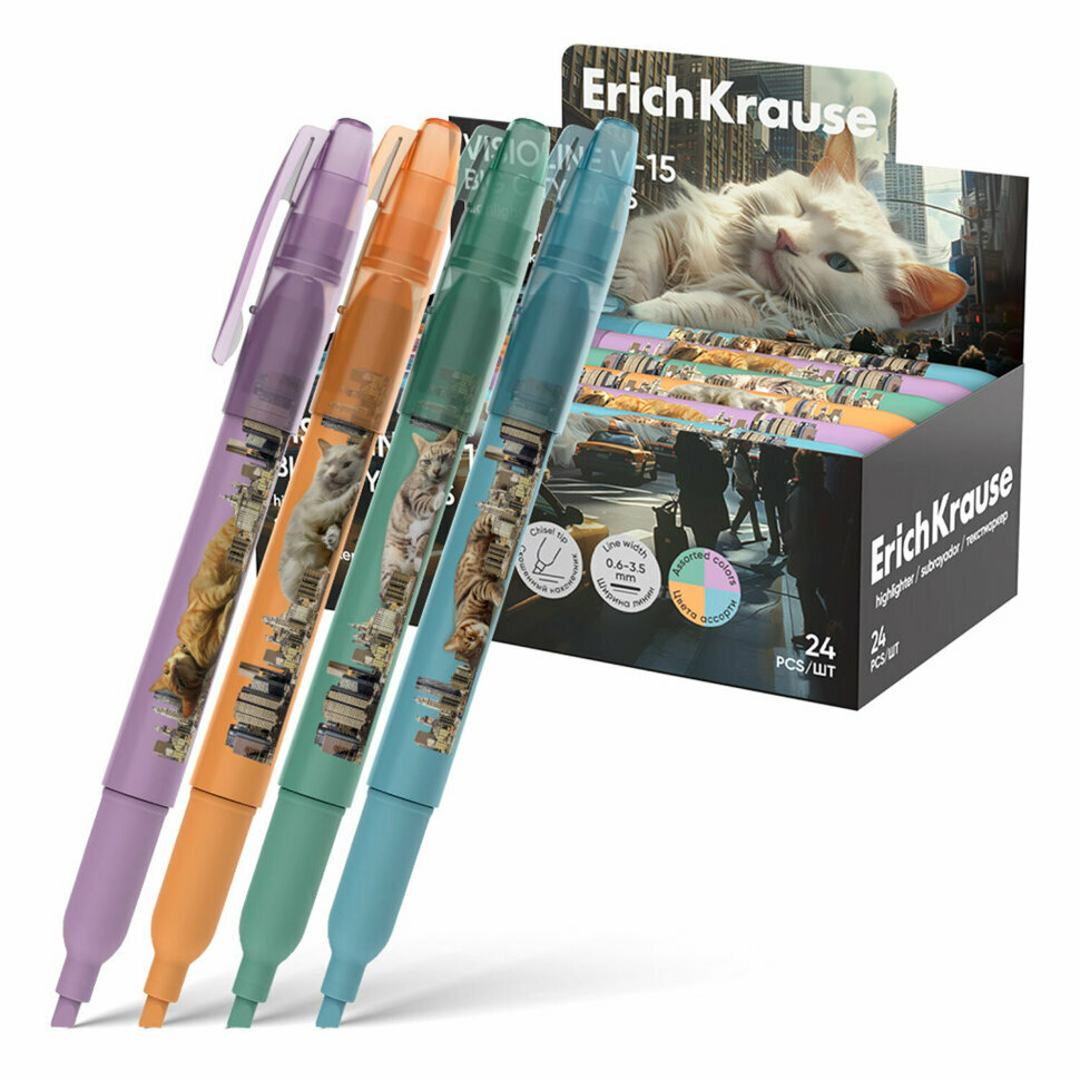 Текстовыделитель ERICH KRAUSE V-15 "Big City Cats", ассорти В дисплее, линия 0,6-3,5 мм, 63368, 24 штук, 152640