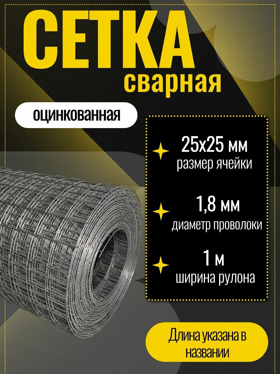 Сетка сварная оцинкованная ячейка 25х25 мм, d-1,8 высота 1000 мм, длина 1м. Строительная сетка, фильтровая, фильтровальная, оцинковка для птиц брудер