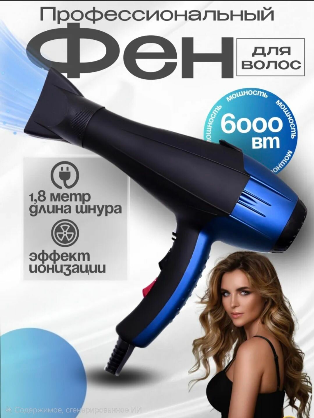 Фен для волос pH-8080 синий, синий